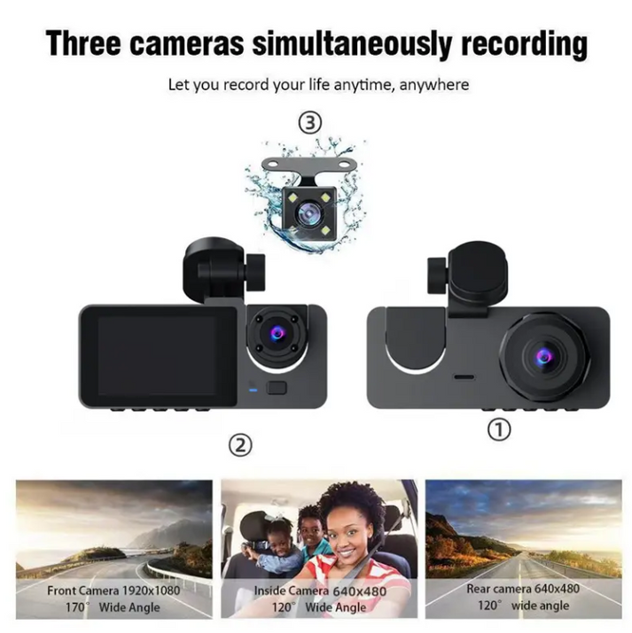 3-in-1 Dashboard Camera Front 1080p Full HD Rear Camera Inside Camera ...