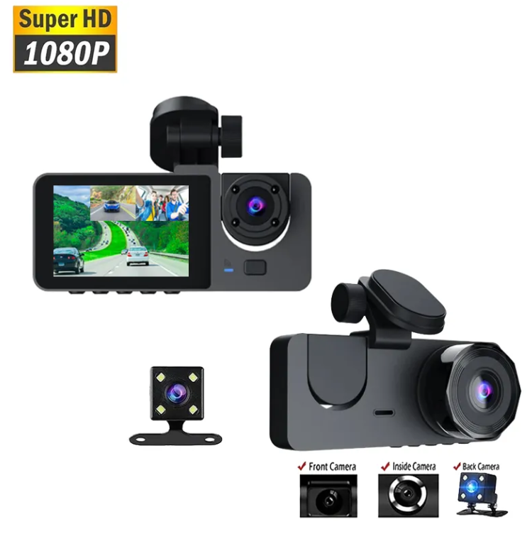 3-in-1 Dashboard Camera Front 1080p Full HD Rear Camera Inside Camera ...